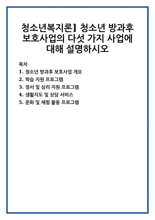 청소년복지론] 청소년 방과후 보호사업의 다섯 가지 사업에 대해 설명하시오