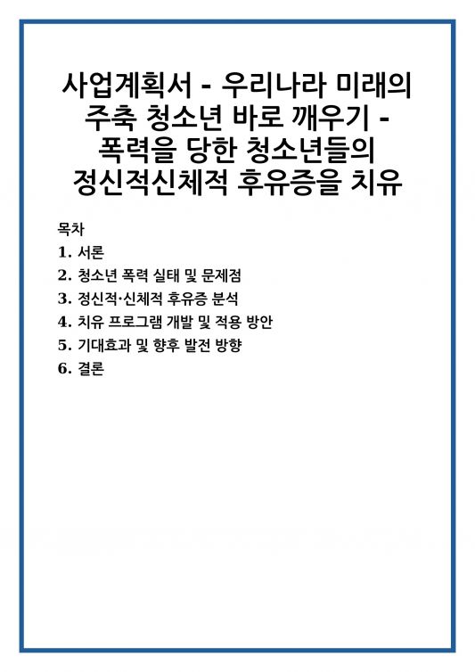 사업계획서 - 우리나라 미래의 주축 청소년 바로 깨우기 - 폭력을 당한 청소년들의 정신적신체적 후유증을 치유