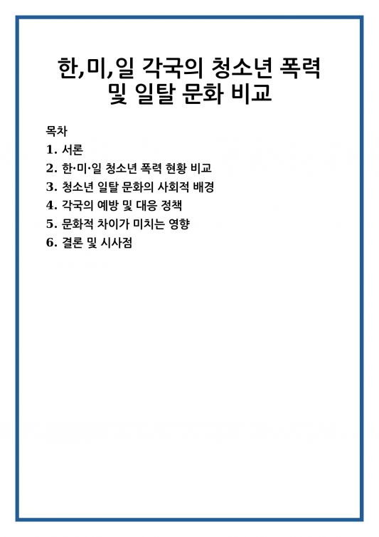 한,미,일 각국의 청소년 폭력 및 일탈 문화 비교