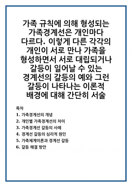 가족 규칙에 의해 형성되는 가족경계선은 개인마다 다르다. 이렇게 다른 각각의 개인이 서로 만나 가족을 형성하면서 서로 대립되거나 갈등이 일어날 수 있는 경계선의 갈등의 예와 그런 갈등이 나타나는 이론적 배경에 대해 간단히 서술