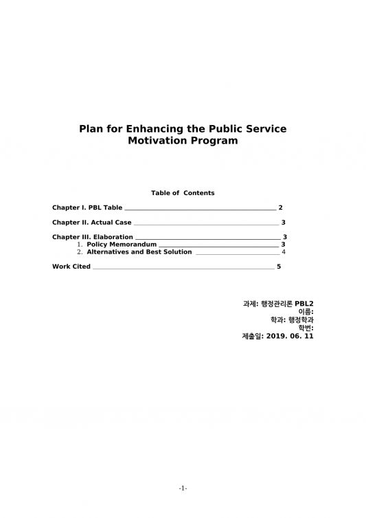 행정관리론 공무원 동기부여를 위한 효과적 운영 방안 영문 PBL (학점) Plan for Enhancing the Public Service Motivation Program