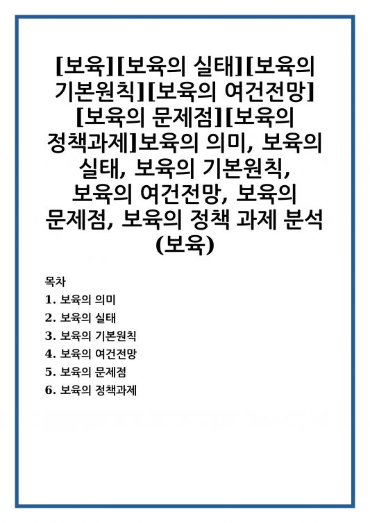 [보육][보육의 실태][보육의 기본원칙][보육의 여건전망][보육의 문제점][보육의 정책과제]보육의 의미, 보육의 실태, 보육의 기본원칙, 보육의 여건전망, 보육의 문제점, 보육의 정책 과제 분석(보육)
