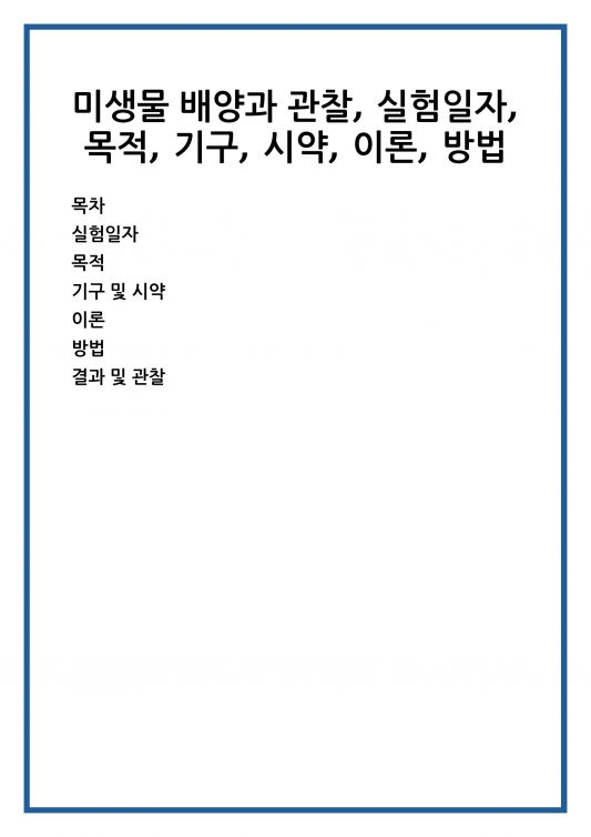 미생물 배양과 관찰, 실험일자, 목적, 기구, 시약, 이론, 방법