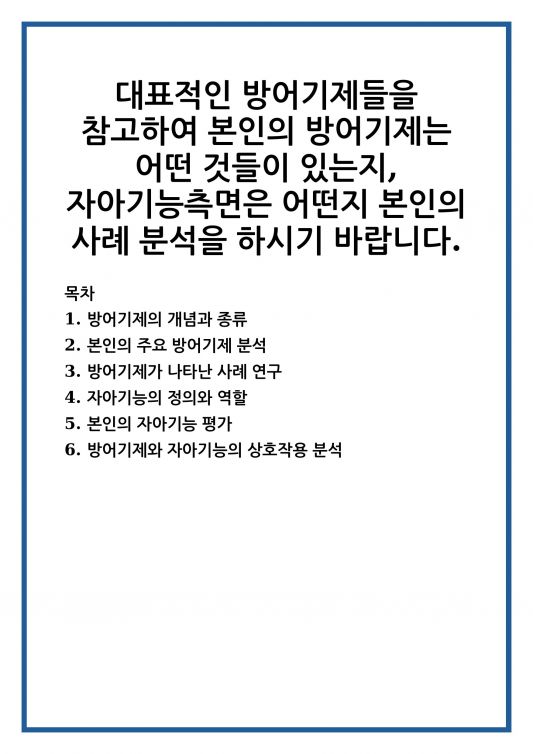 대표적인 방어기제들을 참고하여 본인의 방어기제는 어떤 것들이 있는지, 자아기능측면은 어떤지 본인의 사례 분석을 하시기 바랍니다.
