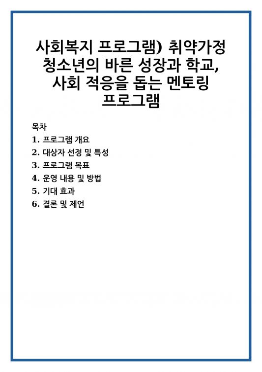 사회복지 프로그램) 취약가정 청소년의 바른 성장과 학교, 사회 적응을 돕는 멘토링 프로그램