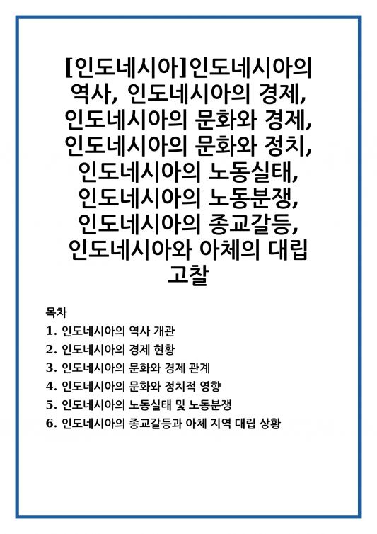 [인도네시아]인도네시아의 역사, 인도네시아의 경제, 인도네시아의 문화와 경제, 인도네시아의 문화와 정치, 인도네시아의 노동실태, 인도네시아의 노동분쟁, 인도네시아의 종교갈등, 인도네시아와 아체의 대립 고찰