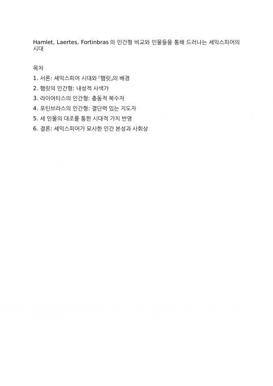 Hamlet, Laertes, Fortinbras의 인간형 비교와 인물들을 통해 드러나는 셰익스피어의 시대