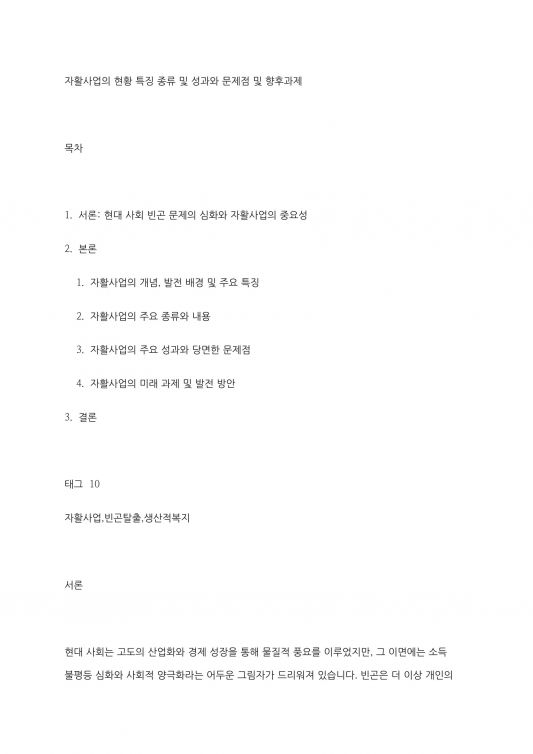 자활사업의 현황 특징 종류 및 성과와 문제점 및 향후과제