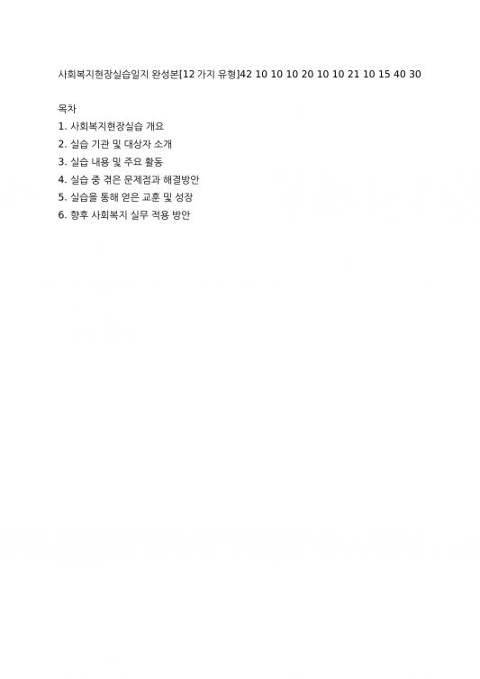 사회복지현장실습일지 완성본[12가지 유형]42 10 10 10 20 10 10 21 10 15 40 30