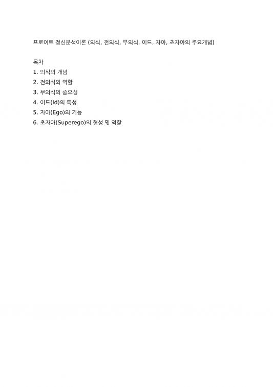 프로이트 정신분석이론 (의식, 전의식, 무의식, 이드, 자아, 초자아의 주요개념)