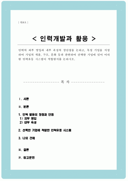 인력의 외부 영입과 내부 육성의 장단점 특정 기업을 지정하여 기업의 제품 구조 문화 등과 관련하여 선택한 기업에 있어 어떠한 인력유동 시스템이 적합한지