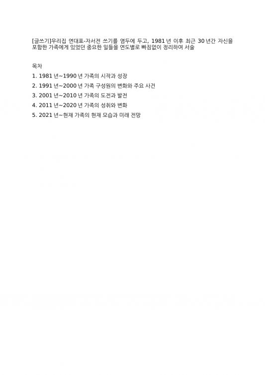 [글쓰기]우리집 연대표-자서전 쓰기를 염두에 두고, 1981년 이후 최근 30년간 자신을 포함한 가족에게 있었던 중요한 일들을 연도별로 빠짐없이 정리하여 서술