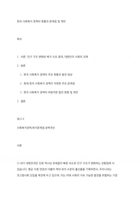 한국 사회복지 정책의 현황과 문제점 및 제언