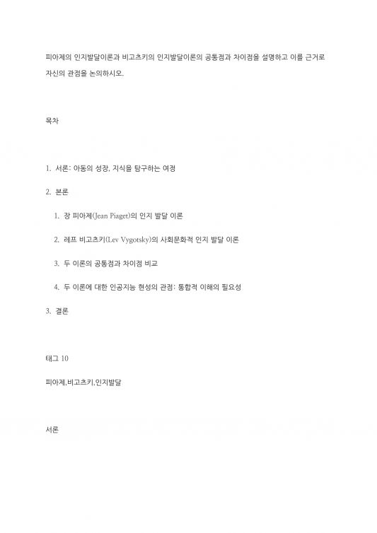 피아제의 인지발달이론과 비고츠키의 인지발달이론의 공통점과 차이점을 설명하고 이를 근거로 자신의 관점을 논의하시오