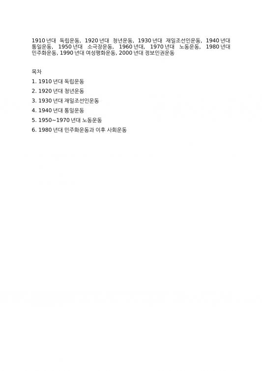 1910년대 독립운동, 1920년대 청년운동, 1930년대 재일조선인운동, 1940년대 통일운동, 1950년대 소극장운동, 1960년대, 1970년대 노동운동, 1980년대 민주화운동, 1990년대 여성평화운동, 2000년대 정보인권운동
