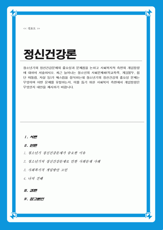 청소년기의 정신건강문제의 중요성과 문제점을 논하고 사회복지적 측면의 개입방향에 대하여 서술