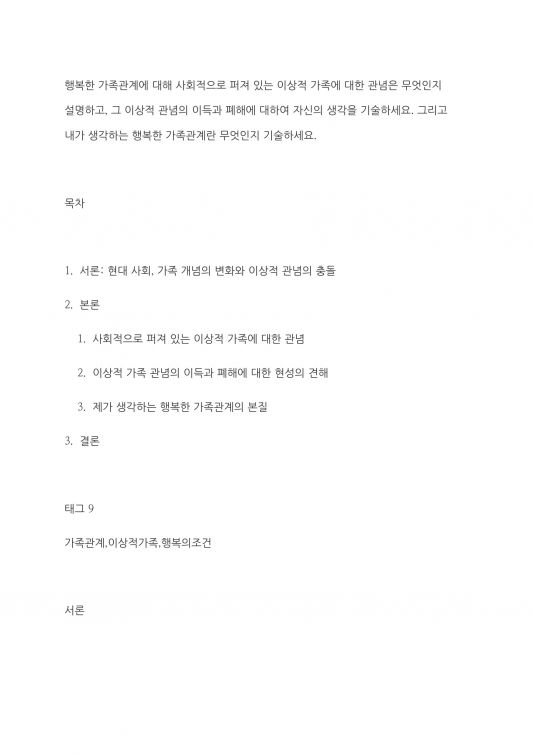 행복한 가족관계에 대해 사회적으로 퍼져 있는 이상적 가족에 대한 관념은 무엇인지 설명하고, 그 이상적 관념의 이득과 폐해에 대하여 자신의 생각을 기술하세요