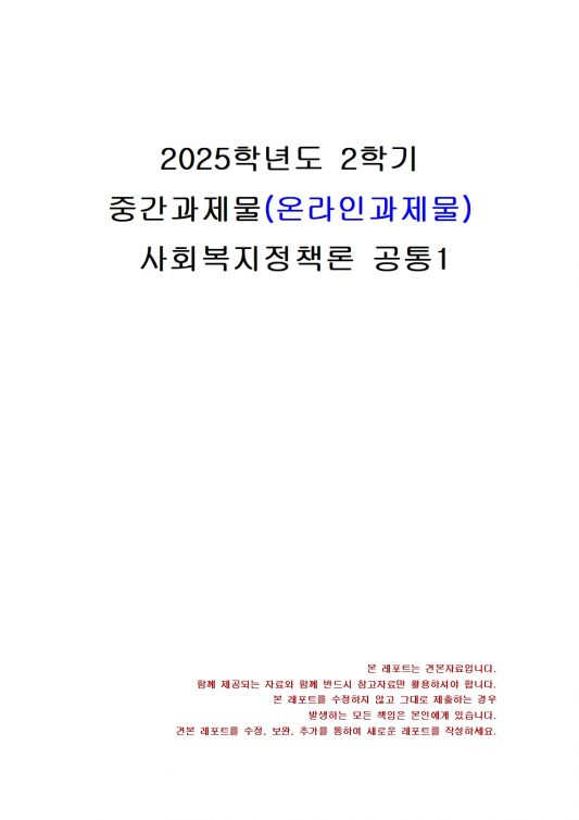2025년 2학기 사회복지정책론 중간시험과제물 공통1(사회복지정책 사례)