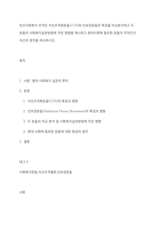 민간사회복지 조직인 자선조직화운동(COS)와 인보관운동의 특징을 비교분석하고 두 운동이 사회복지실천방법에 끼친 영향을 제시하고 현대사회에 필요한 운동이 무엇인지 자신의 생각을 제시하시오