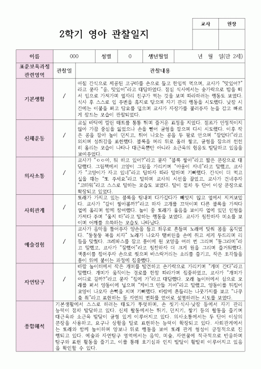 만 2세 13명 2학기 영아관찰일지와 종합해석