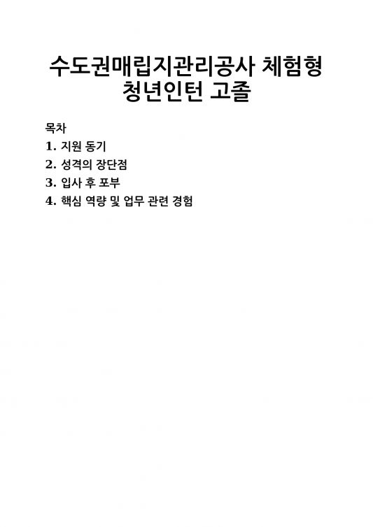 [자기소개서] 수도권매립지관리공사 체험형 청년인턴 고졸 자기소개서 우수 예문 BEST 자소서