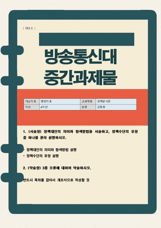 [정책분석론] 정책대안의 의미와 탐색방법을 서술하고 정책수단의 유형 중 하나를 골라 설명하시오