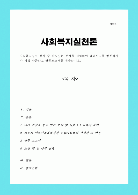 사회복지실천 현장 중 관심있는 분야를 선택하여 홈페이지를 방문하거나 직접 방문하고 방문보고서를 제출하시오