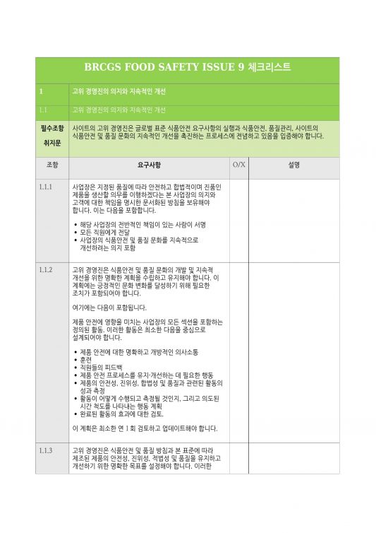 BRCGS Food Issue 9 체크리스트