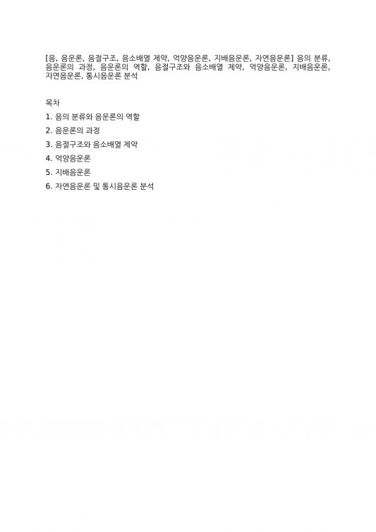 [음, 음운론, 음절구조, 음소배열 제약, 억양음운론, 지배음운론, 자연음운론] 음의 분류, 음운론의 과정, 음운론의 역할, 음절구조와 음소배열 제약, 억양음운론, 지배음운론, 자연음운론, 통시음운론 분석