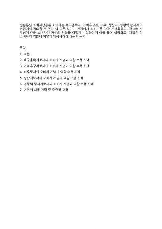 방송통신 소비자행동론 소비자는 욕구충족자, 가치추구자, 배우, 생산자, 영향력 행사자의 관점에서 정의할 수 있다 이 모든 5가지 관점에서 소비자를 각각 개념화하고, 각 소비자 개념에 대해 소비자가 자신의 역할을 어떻게 수행하는지 예를 들어 설명하고, 기업은 각 소비자의 역할에 어떻게 대응하여야 하는지 논의