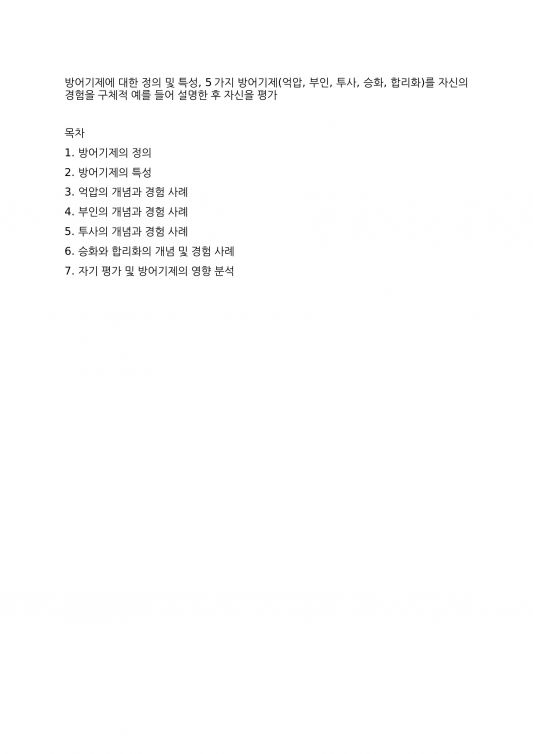 방어기제에 대한 정의 및 특성, 5가지 방어기제(억압, 부인, 투사, 승화, 합리화)를 자신의 경험을 구체적 예를 들어 설명한 후 자신을 평가