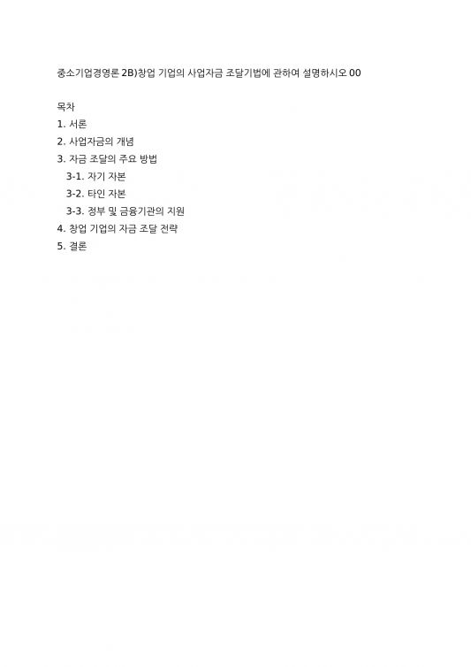 중소기업경영론2B)창업 기업의 사업자금 조달기법에 관하여 설명하시오00