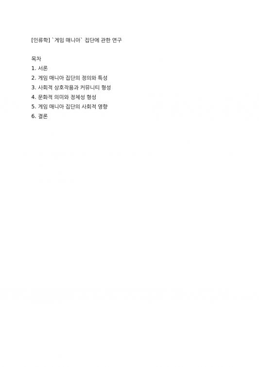 [인류학] `게임 매니아` 집단에 관한 연구