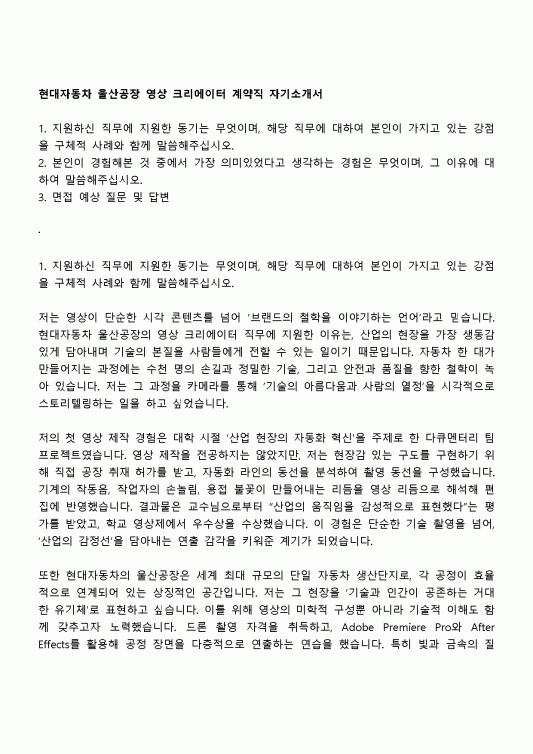 현대자동차 울산공장 영상 크리에이터 계약직 자기소개서