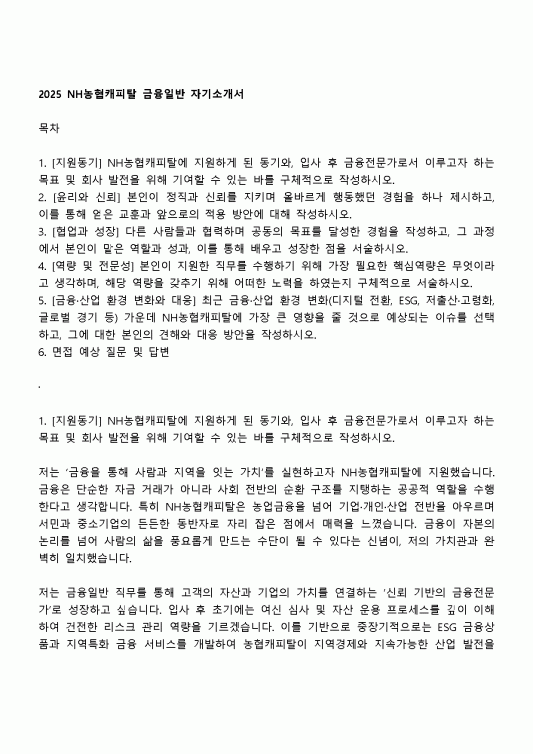 2025 NH농협캐피탈 금융일반 자기소개서