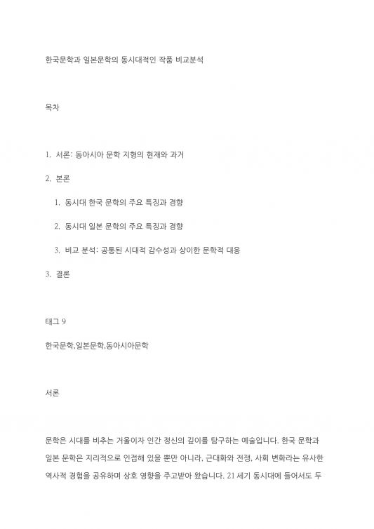 한국문학과 일본문학의 동시대적인 작품 비교분석
