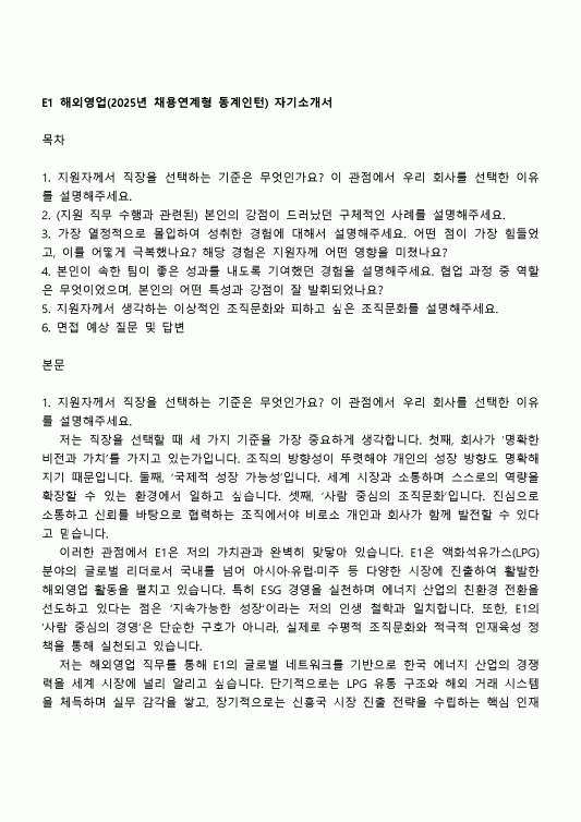 E1 해외영업(2025년 채용연계형 동계인턴) 자기소개서