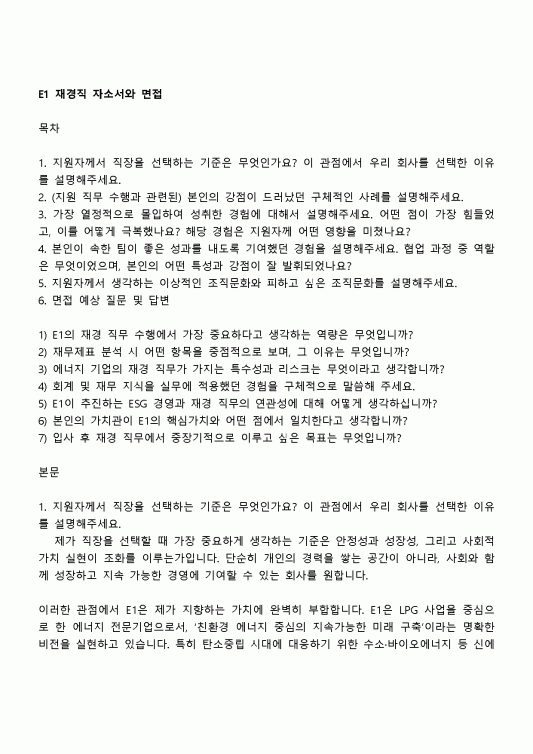 E1 재경직 자소서와 면접