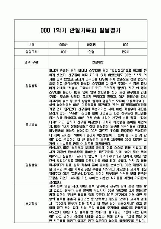 만2세 1년 관찰일지 / 발달평가