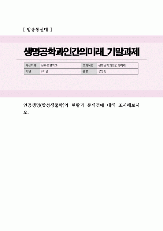 생명공학과인간의미래 기말과제1 인공생명 합성생물학의 현황과 문제점에 대해 조사해보시오