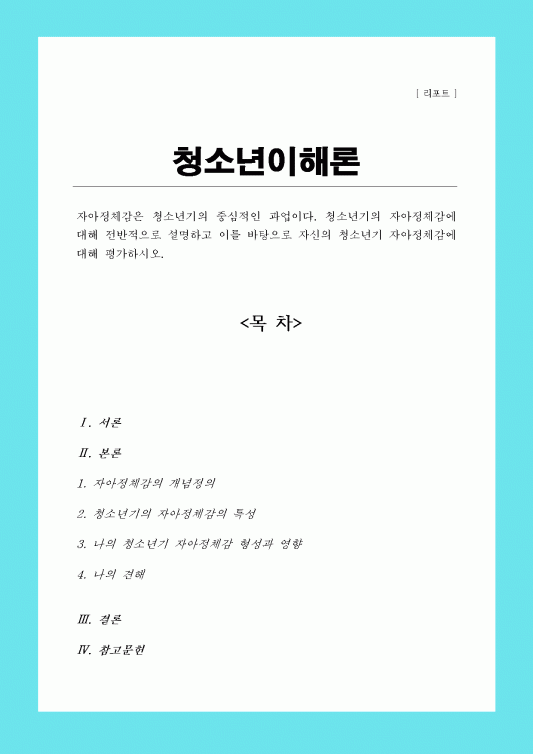 자아정체감은 청소년기의 중심적인 과업이다 청소년기의 자아정체감에 대해 전반적으로 설명하고 이를 바탕으로 자신의 청소년기 자아정체감에 대해 평가하시오