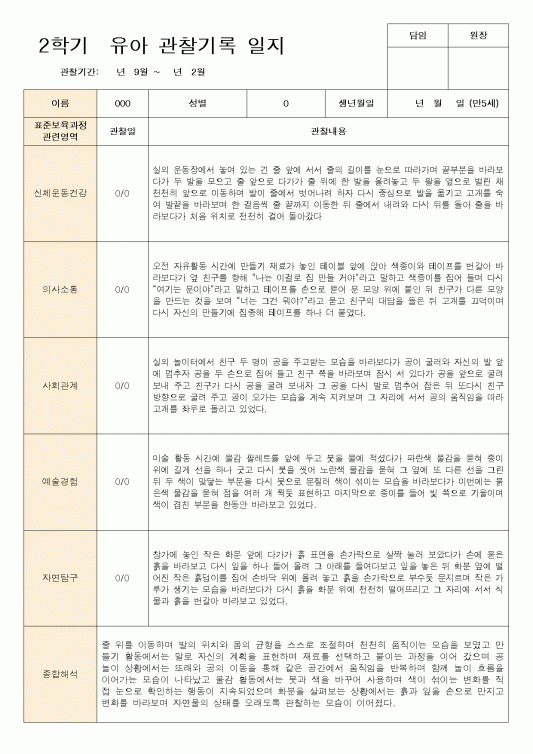 관찰일지 만 5세 21명 2학기