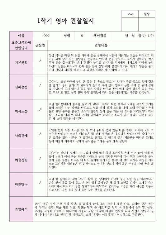 만 1세 1학기 2학기 관찰일지 10명
