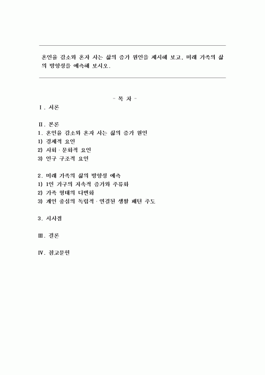 혼인율 감소와 혼자 사는 삶의 증가 원인을 제시해 보고, 미래 가족의 삶의 방향성을 예측해 보시오.
