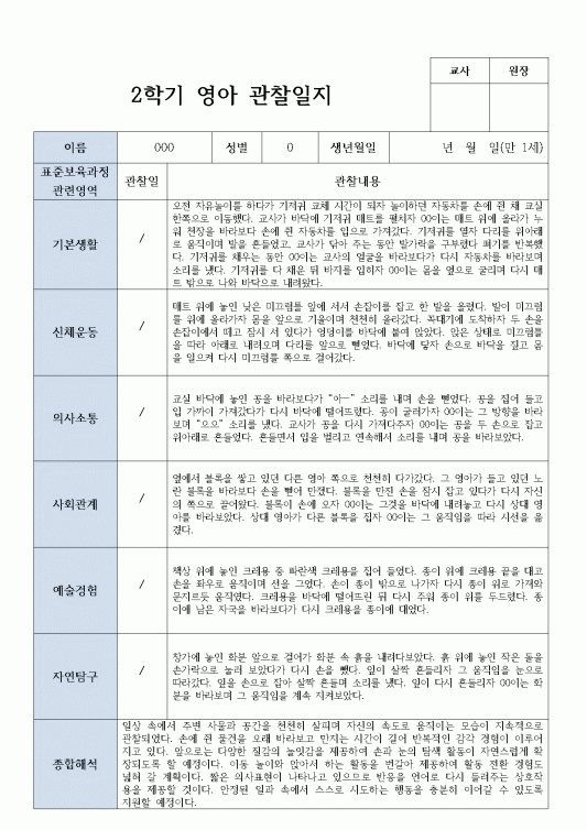 만 1세 2학기 관찰일지발달평가상담일지 11명현장실제사례