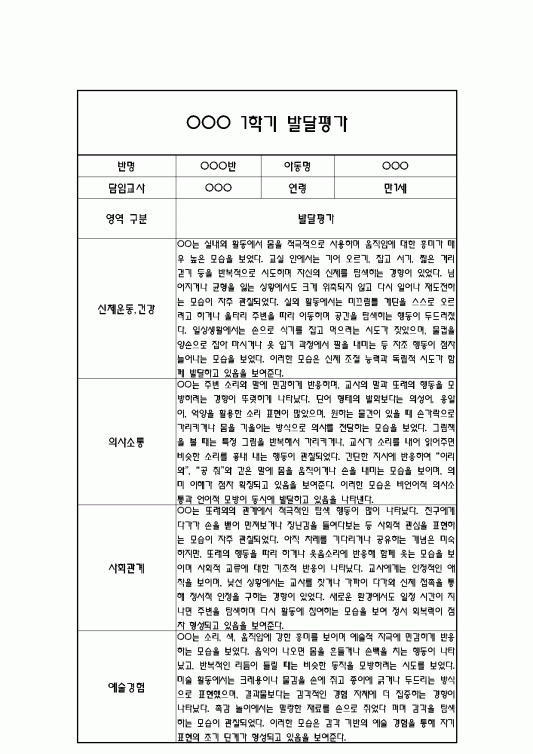 만1세 발달평가 및 1학기 총평 (신체운동건강,의사소통,사회관계,예술경험,자연탐구)