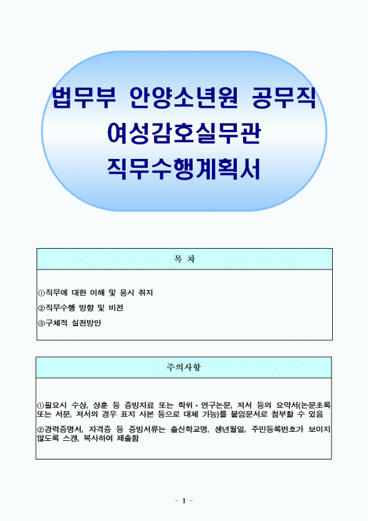 법무부 안양소년원 공무직 여성감호실무관  직무수행계획서