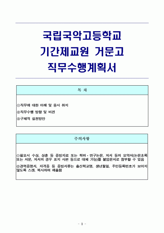 국립국악고등학교 기간제교원 거문고 직무수행계획서