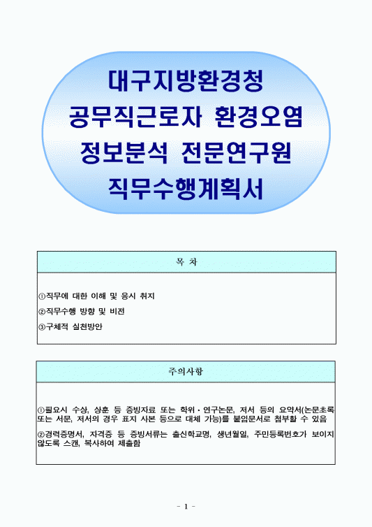 대구지방환경청 공무직근로자 환경오염 정보분석 전문연구원 직무수행계획서