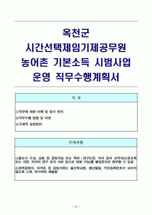 옥천군 시간선택제임기제공무원 농어촌 기본소득 시범사업 운영 직무수행계획서